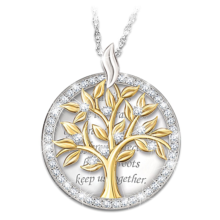 Our Family Tree Womens 18K Gold Plated Pendant Necklace With Crystals