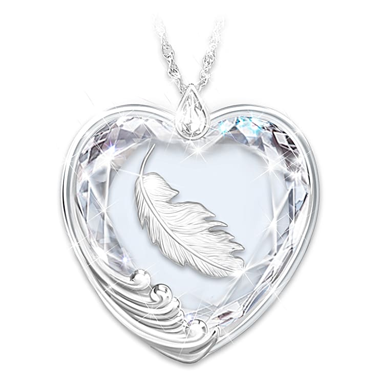 Touch Of An Angel Sterling Silver Plated Crystal Pendant Necklace Featuring An Etched Feather Design Created With An Ancient Technique Called Intaglio