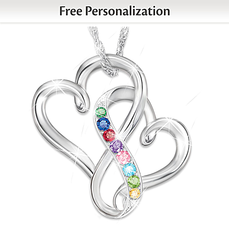 A Mothers Love Pendant Necklace With 2 Sculpted Hearts Intertwined To Create An Infinity Symbol And Personalized With Up To 8 Crystal Birthstones