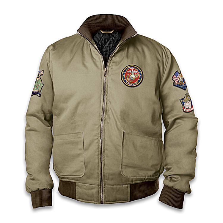 U.S. Marines Mens Full-Zip Khaki Bomber Jacket Featuring 4 U.S. Marines Mens Full-Zip Khaki Bomber Jacket Featuring 4