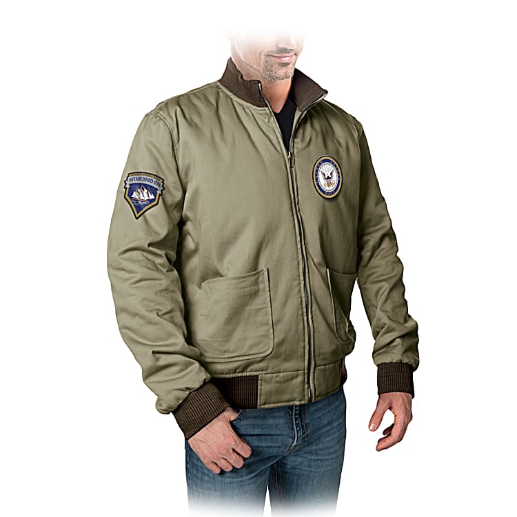 U.S. Navy Mens Full-Zip Khaki Bomber Jacket Featuring 4 U.S. Navy Mens Full-Zip Khaki Bomber Jacket Featuring 4