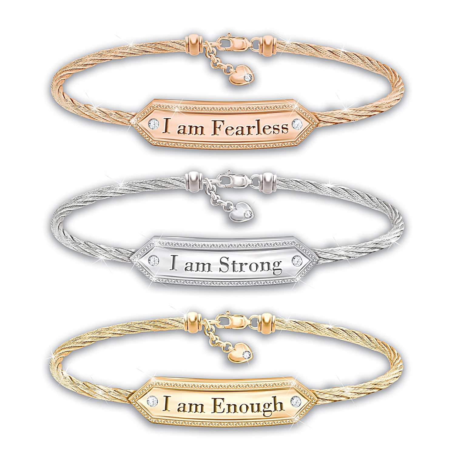 I Am Womens Twisted Cable Bracelet Set Featuring Engraved Inspirational Statements Adorned With Swarovski Crystals