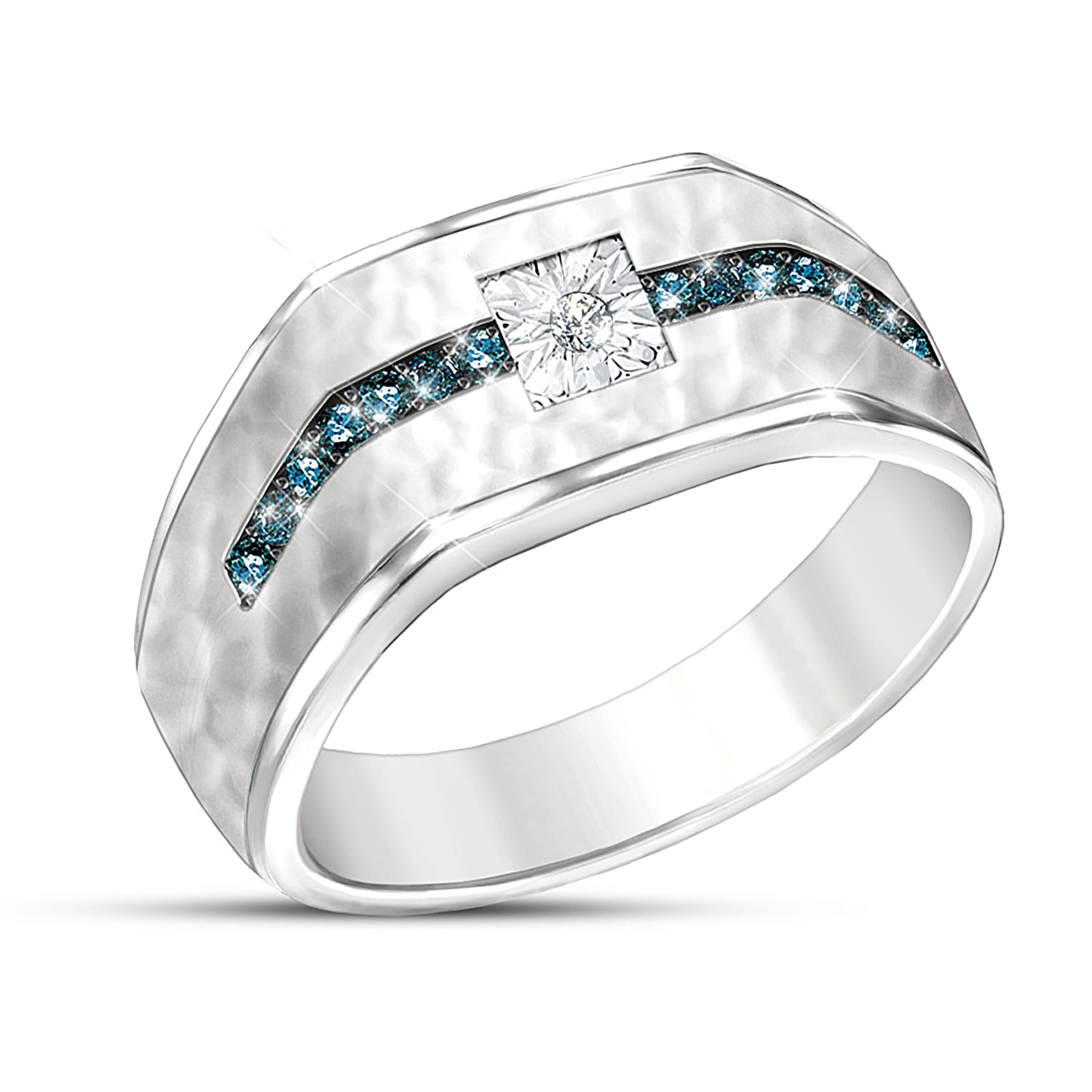 The Apex Sterling Silver Ring Featuring A Hammered Texture Adorned With A White Solitaire Diamond Surrounded By A Pave Of 14 Glacier Blue Diamonds