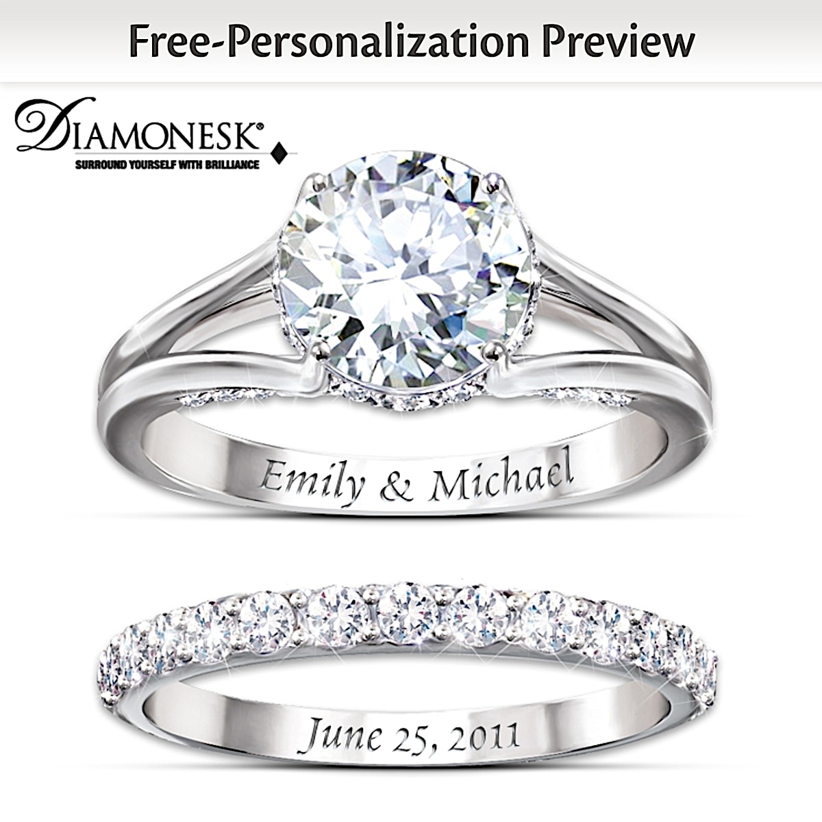 Diamonesk Bridal Ring Set With Engraved Names And Date