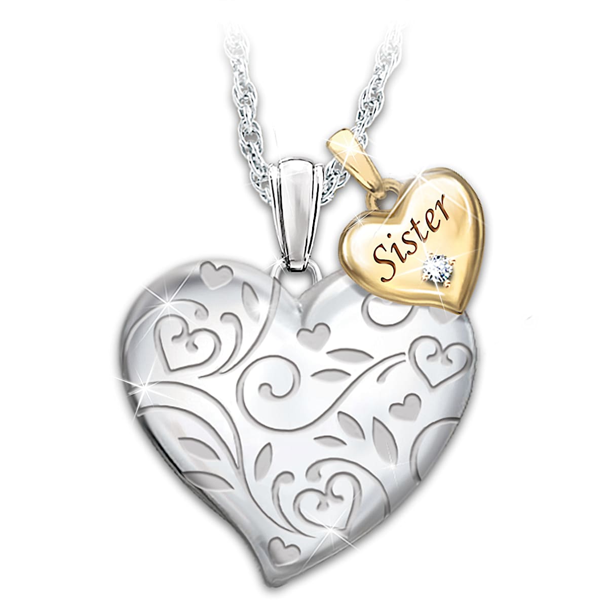 Forever My Sister Always My Friend Heart Shaped Diamond Pendant Necklace Featuring A Filigree Design With An 18K Gold Plated Accent Charm