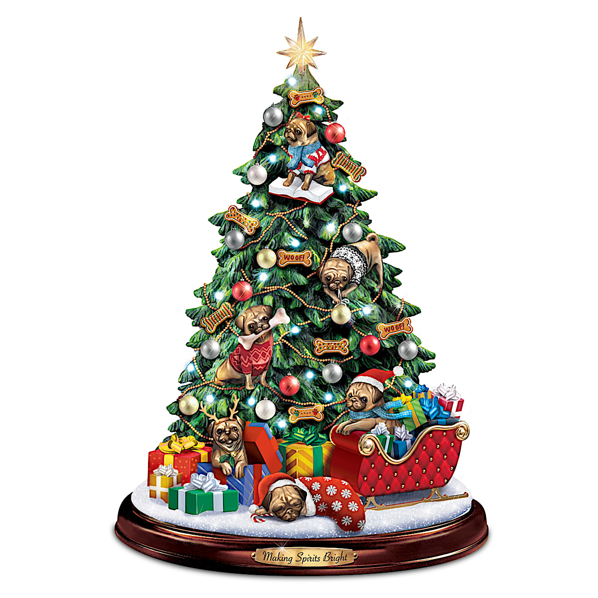 Making Spirits Bright Pug Illuminated Tabletop Christmas Tree Featuring ...