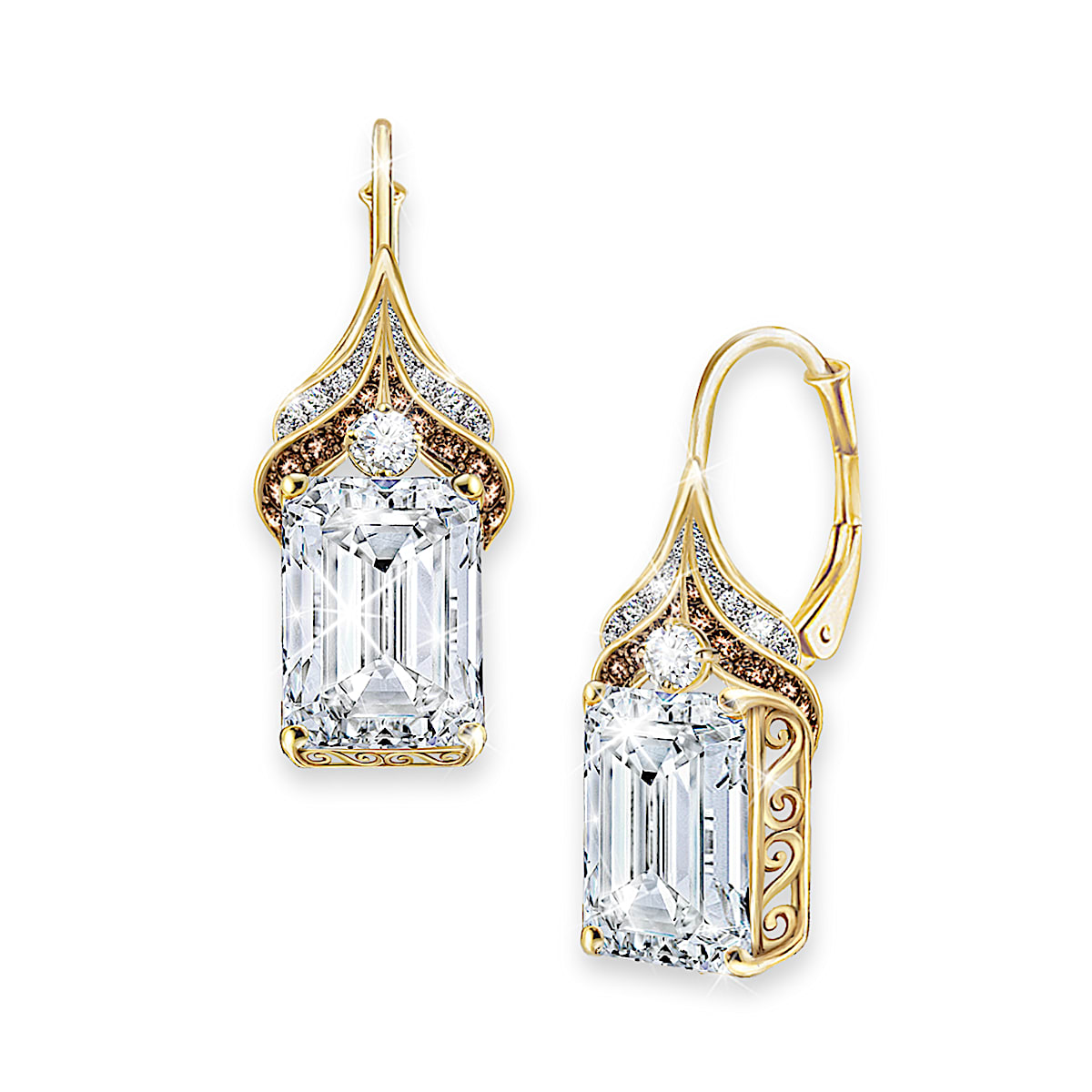 18K Gold-Plated Earrings Adorned With Emerald-Cut White Topaz And White ...