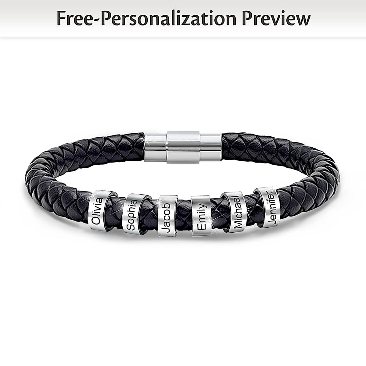Braided Black Leather Bracelet Adorned With Up To 6 Rondelle Stainless Steel Beads Etched With Names
