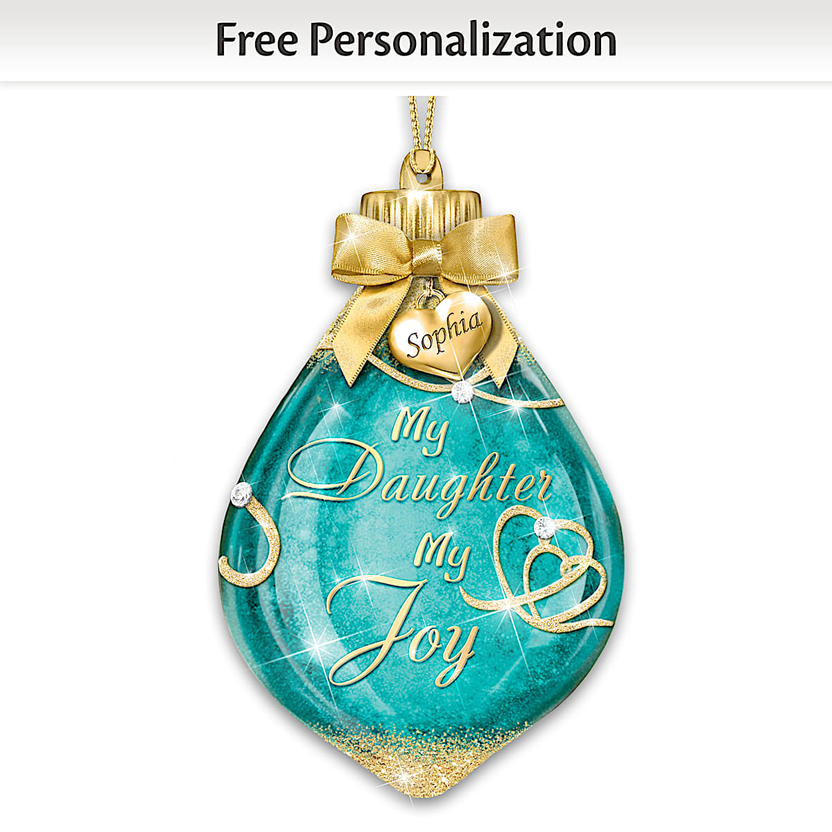 My Daughter My Joy Personalized Illuminated Teal Hand-Blown Glass Ornament Adorned With Glitter ...