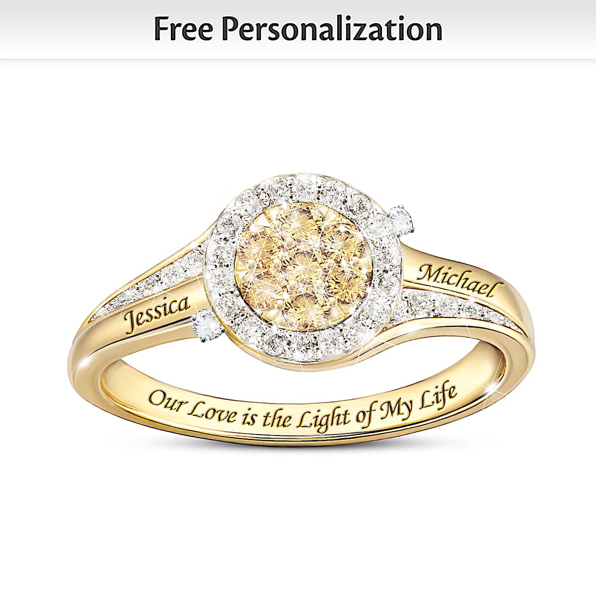 18K Gold-Plated Ring Adorned With A Cluster Of 7 Sunshine Diamonds And ...