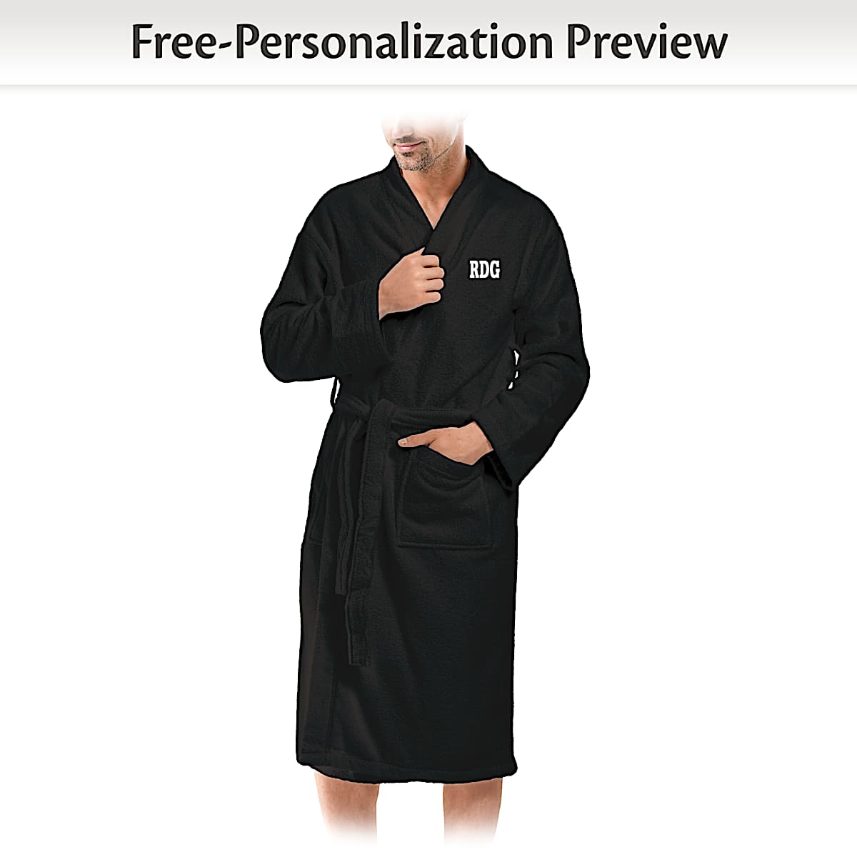 Mens Ultra-Cozy Cotton Terry Cloth Knee-Length Black Robe Monogrammed ...