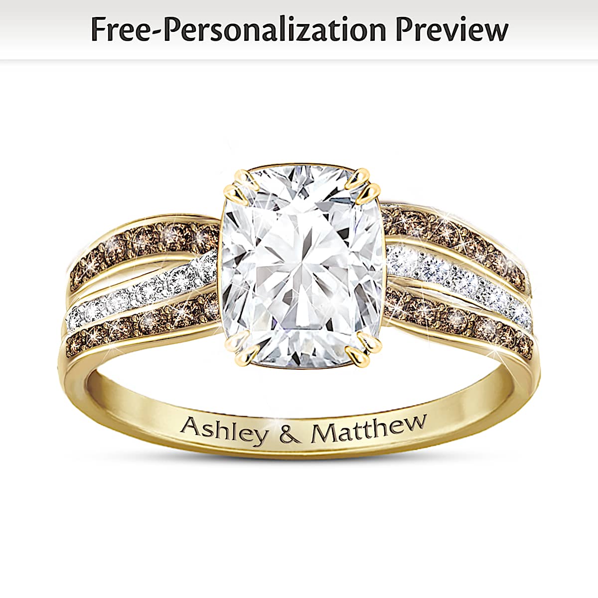 18K Gold-Plated Ring Adorned With A Cushion-Cut White Topaz And 30 ...