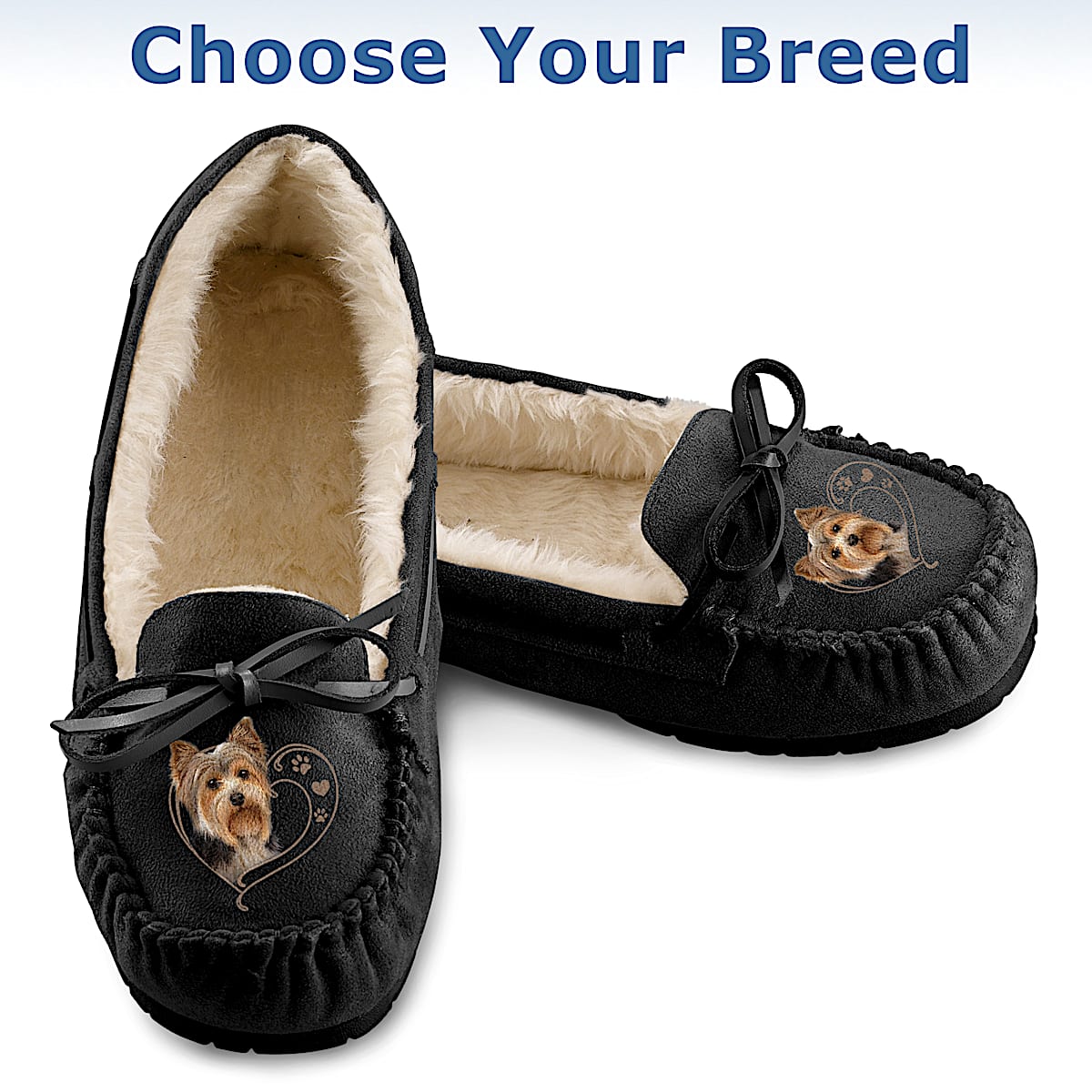 Black Suede Moccasin-Style Slippers With Faux Fur Lining And Color Art ...