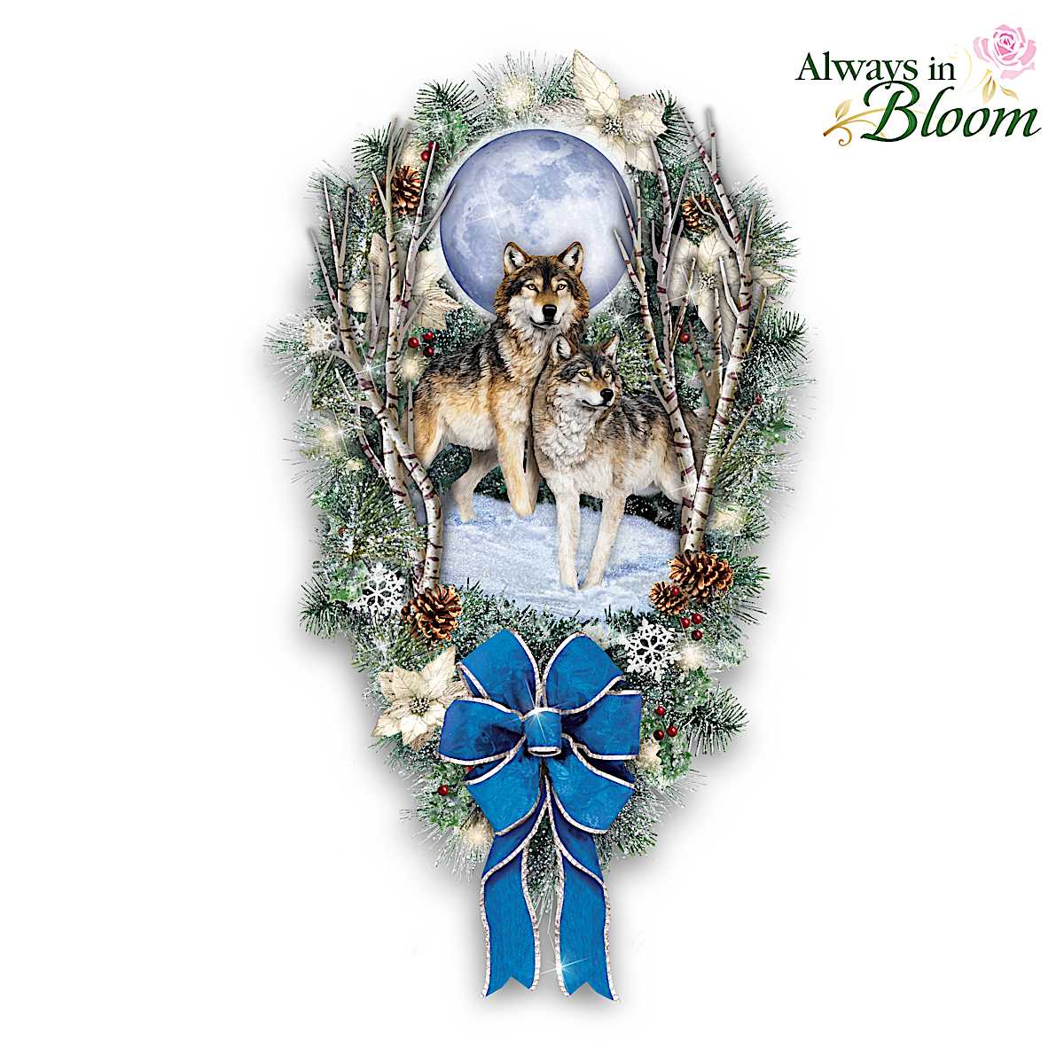 Illuminated Teardrop-Shaped Winter Wreath With A Blue Bow And Sculpted ...