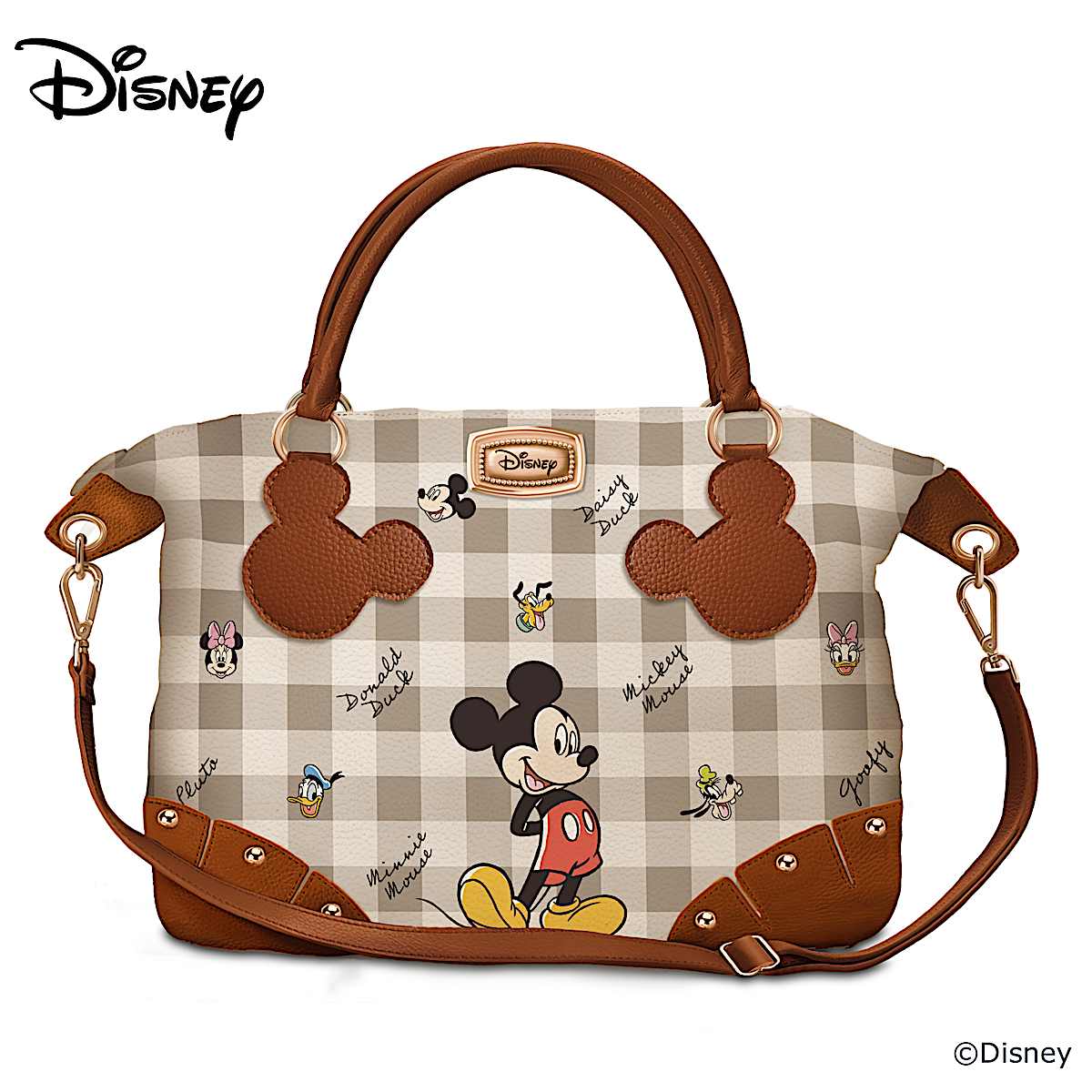 Off-White And Taupe Plaid Faux Leather Tote Bag Adorned With Disneys ...