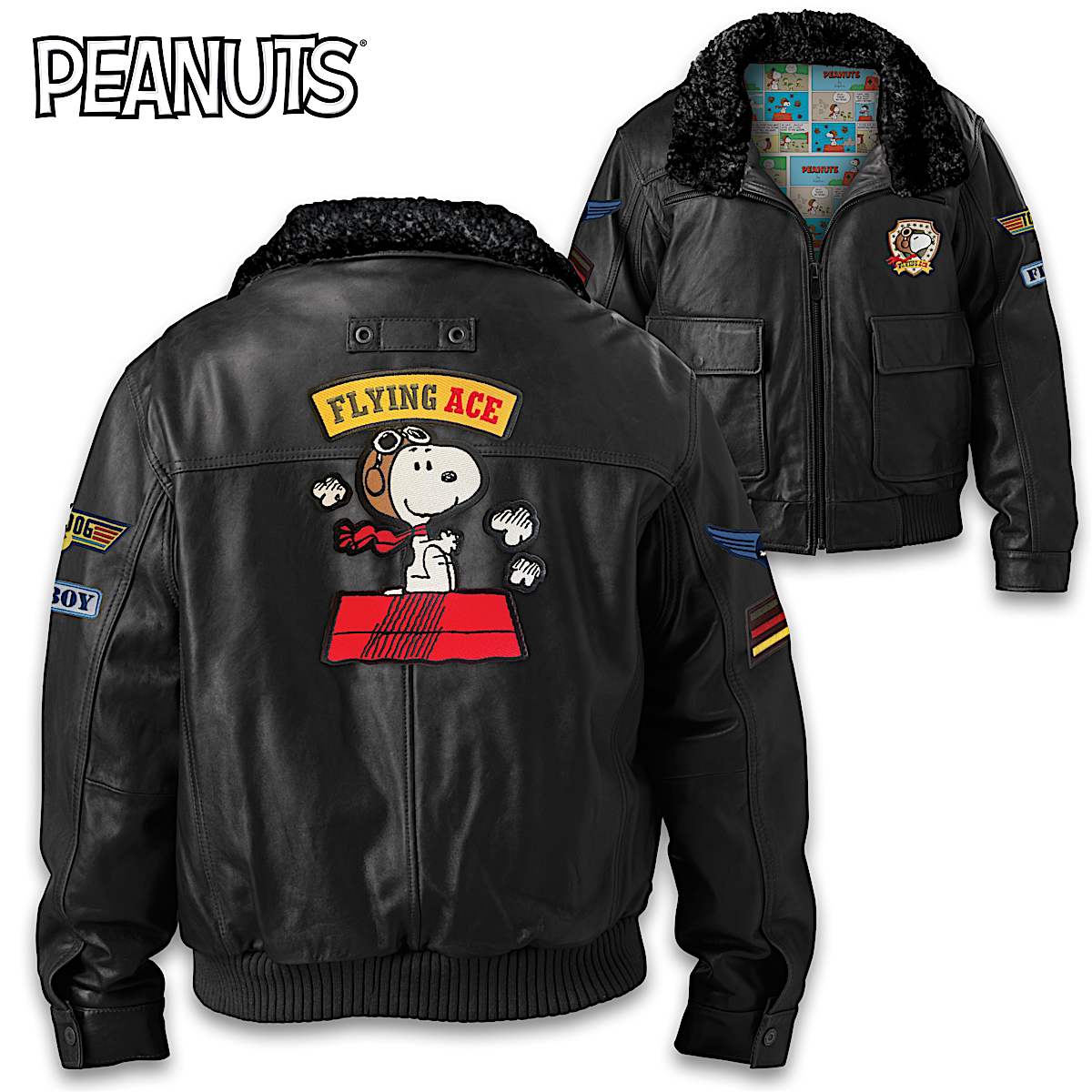 PEANUTS Leather Aviator Jacket With A Sherpa Collar And Embroidered ...