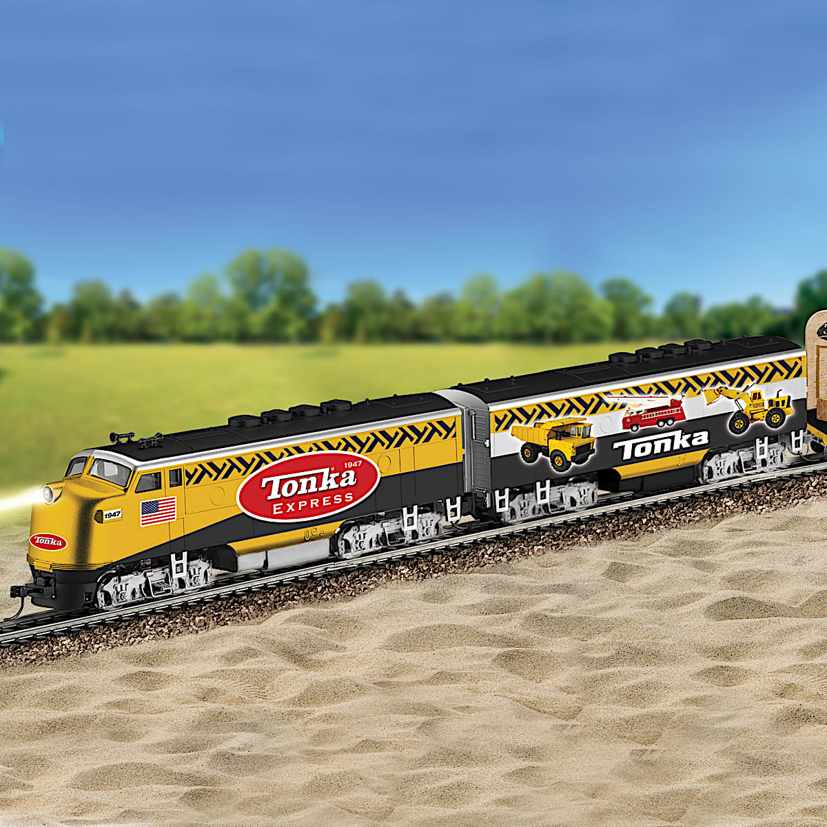 Illuminated Electric Train Featuring Hand-Painted TONKA Vehicles And 14 ...