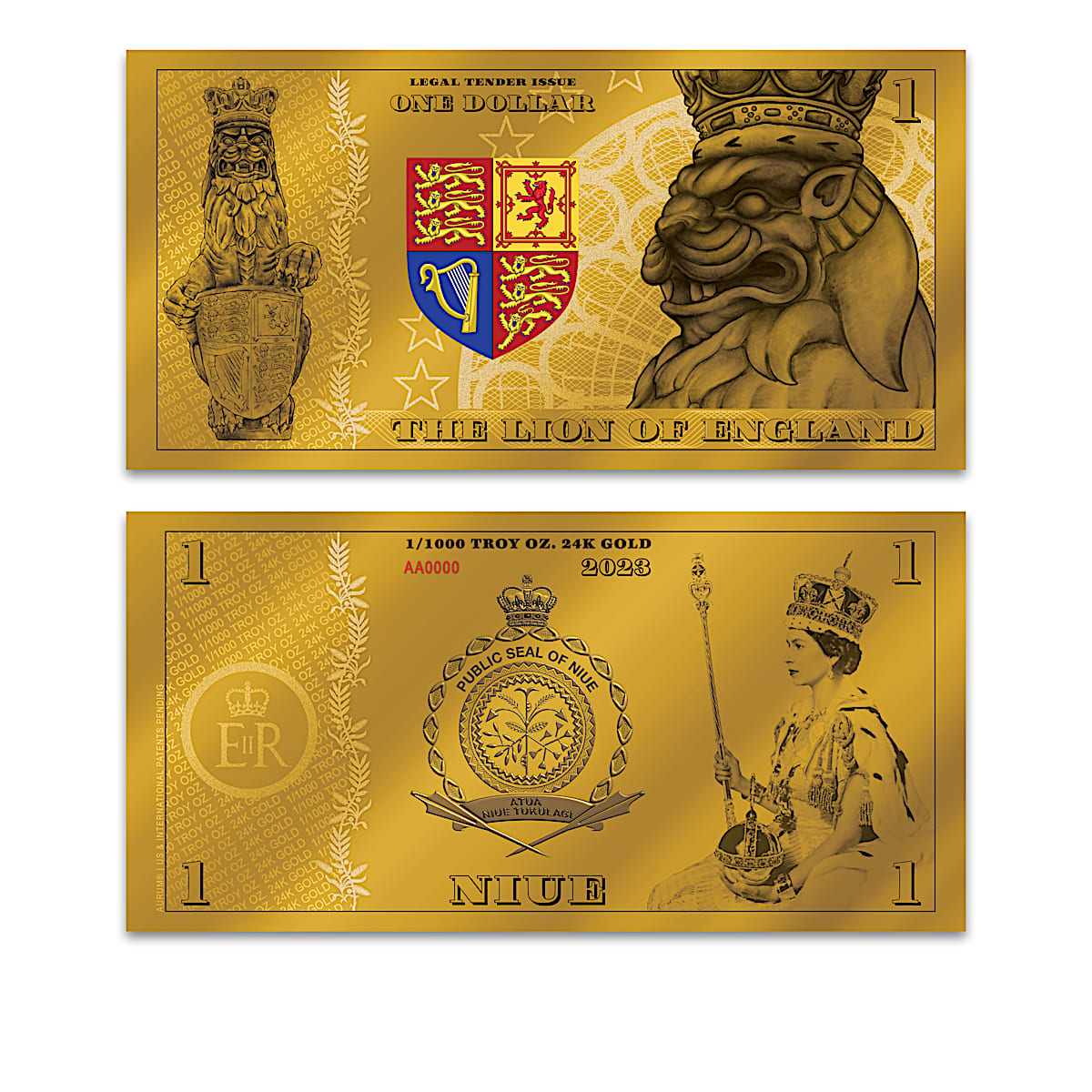 Queen Elizabeth II The Complete Queens Beasts 24K-Gold $1 Bill Legal ...