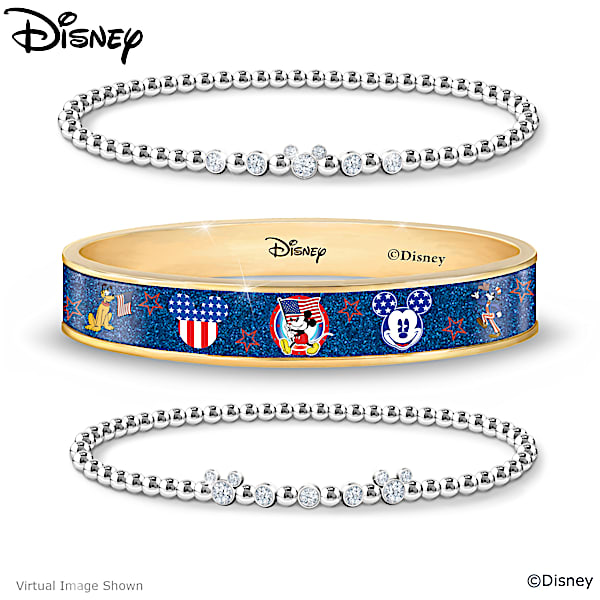Disney A Year Of Celebration Womens Golden Bangle Bracelet Collection Featuring Colorful Seasonal Character Art For Each Month With Storage Case